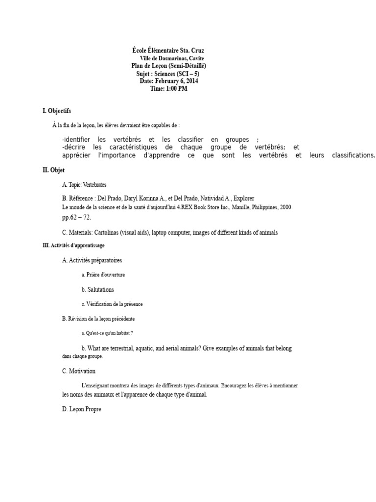 Plan de Leçon - Vertébrés | PDF | Vertébrés | Poisson