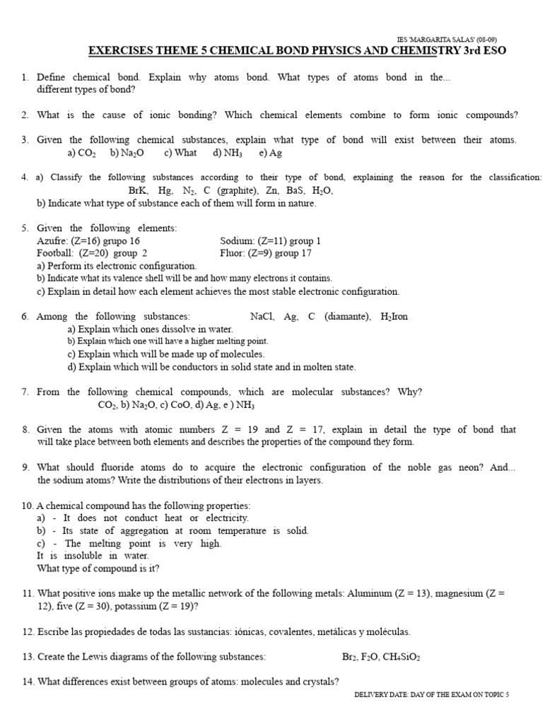 137 Exercises Topic 5 Chemical Bond Physics And Chemistry 3rd Eso