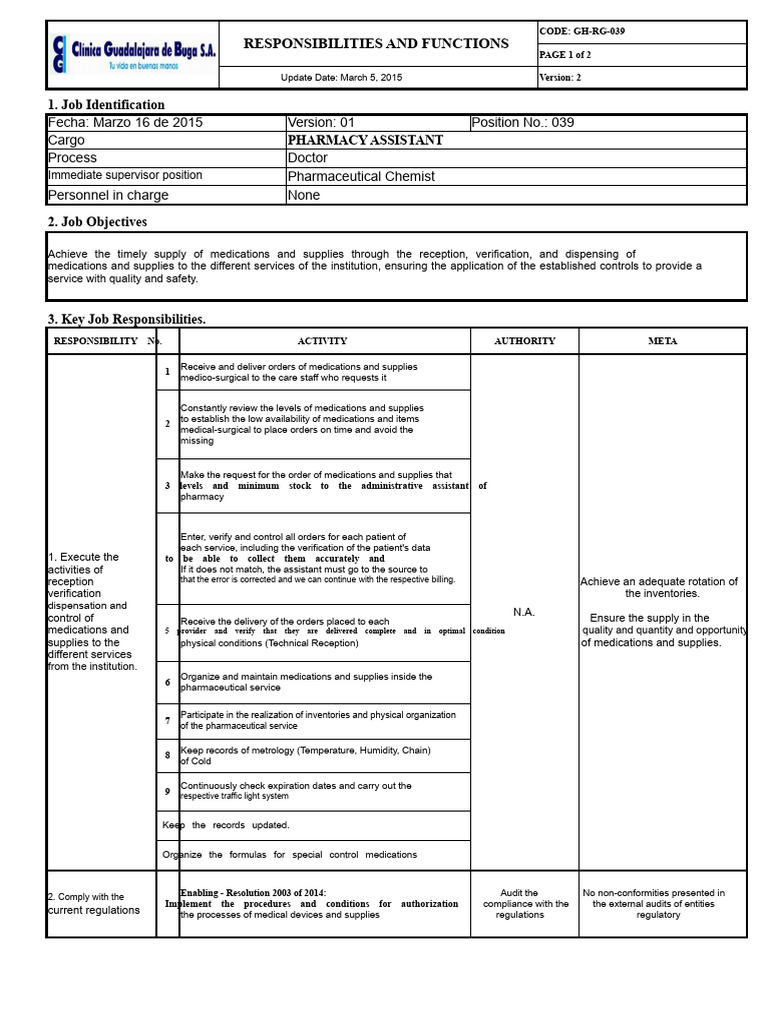 Pharmacy Assistant Job Responsibilities | PDF | Pharmacy | Audit