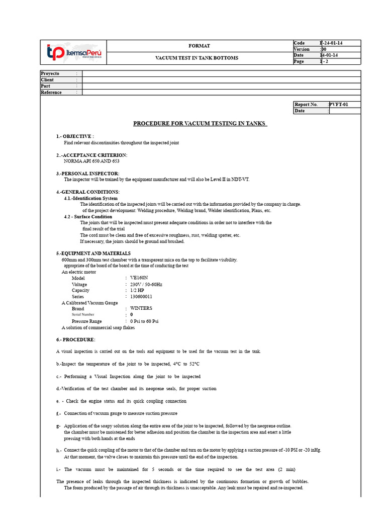Format - Vacuum Test in Tank Bottom | PDF | Welding | Construction