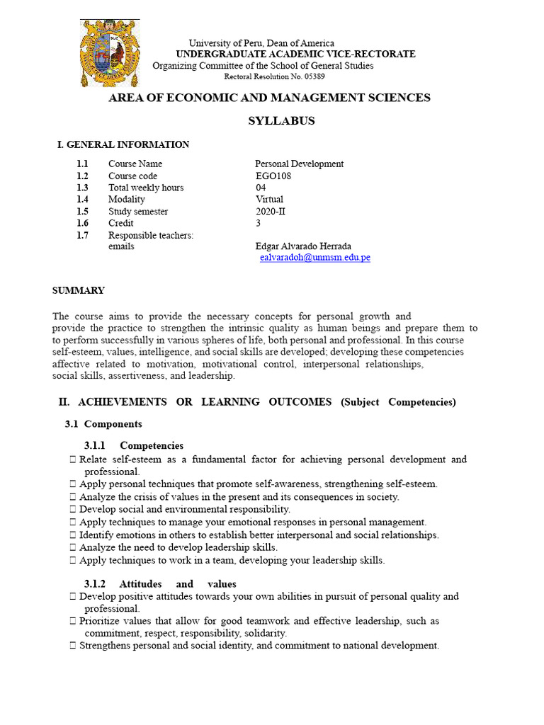 Personal Development Course Syllabus | PDF | Educational Technology ...