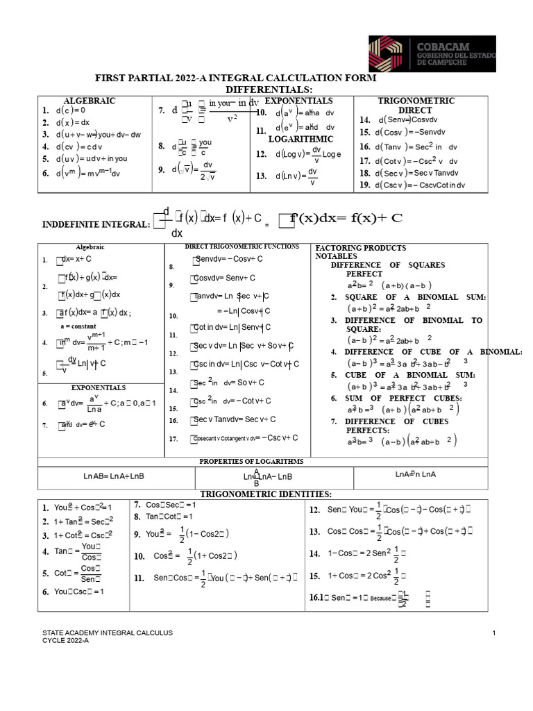 FIRST PARTIAL FORM 22-A Integral Calculus | PDF | Trigonometric Functions | Logarithm