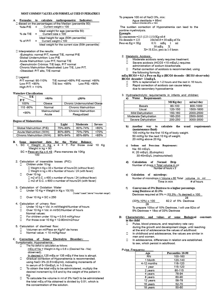 Values and Formulas Most Used in Pediatrics | PDF | Malnutrition ...