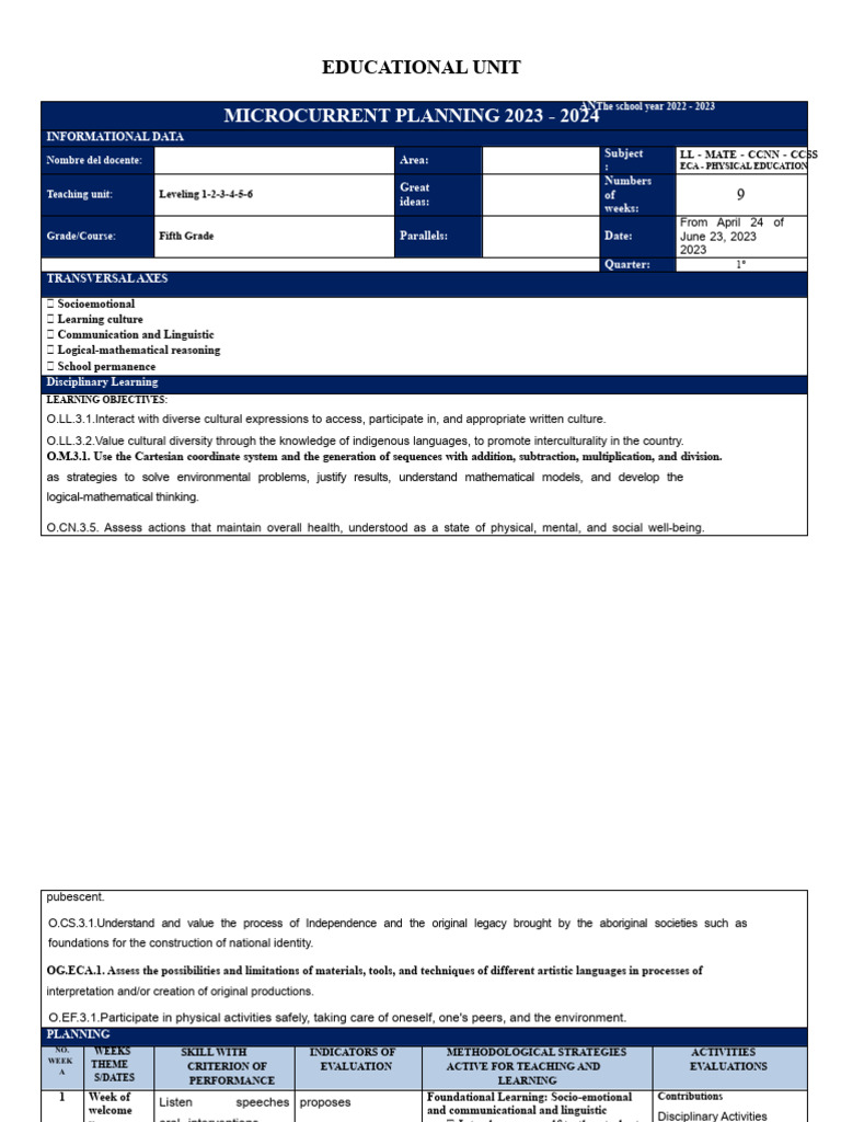 5TH Grade Planning Weeks 1, 2, 3, 4, 5, 6, 7, 8, 9 2023 - 2024 | PDF ...