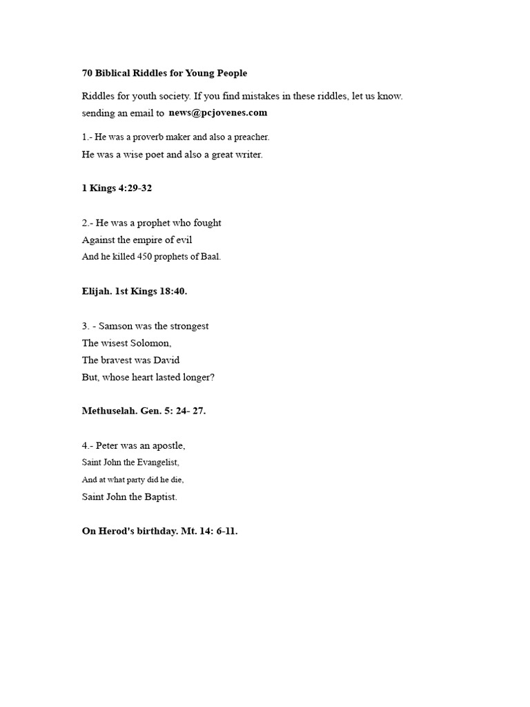 70 Fun Biblical Riddles for Youth | PDF | Jesus | Acts Of The Apostles