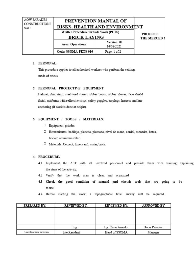 Brick Laying Safety Procedure Manual | PDF | Brick | Personal ...