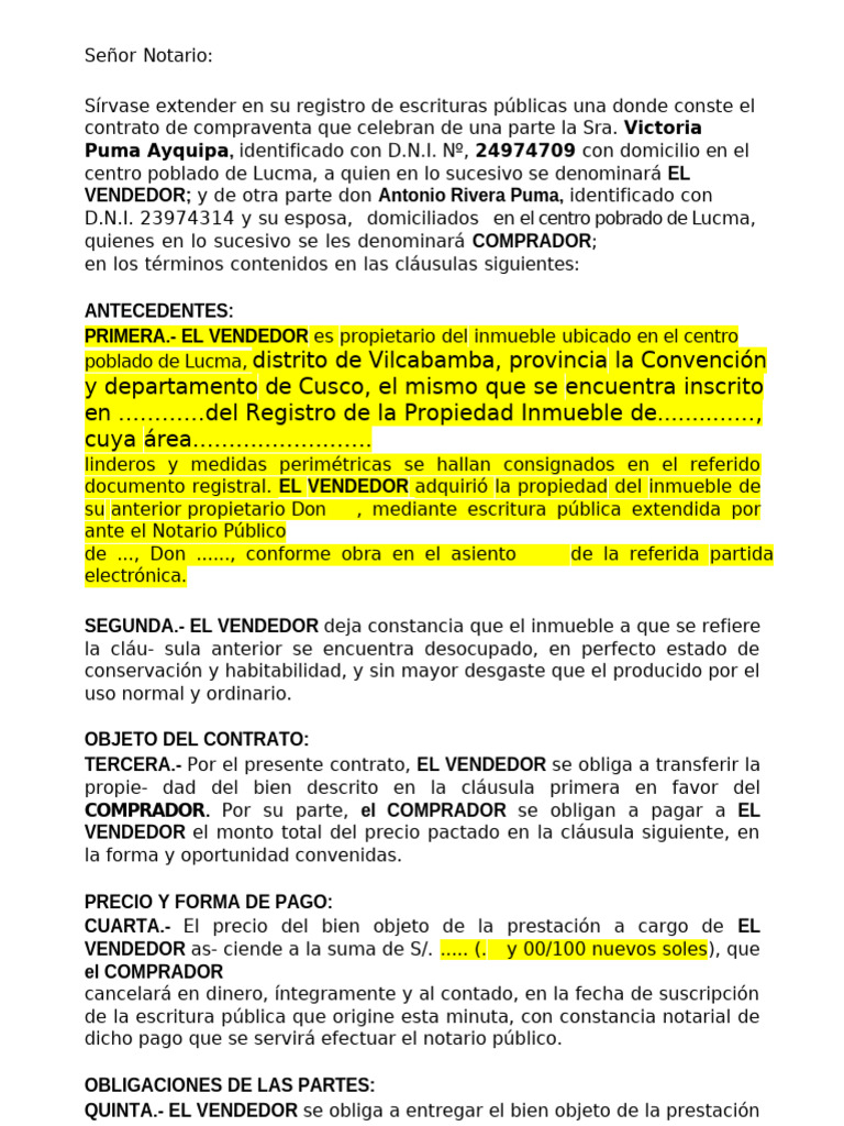 Contrato de Compraventa de Inmueble en Lucma | PDF