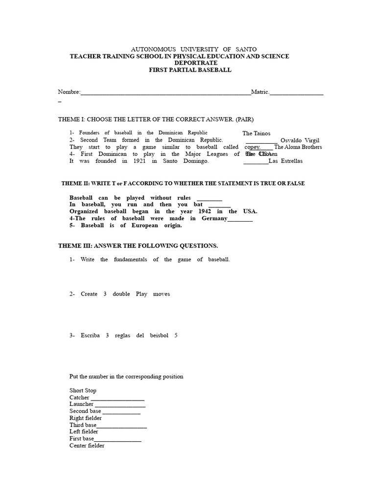 Baseball Exam for Teacher Training | PDF | Ball Games | Athletic Sports