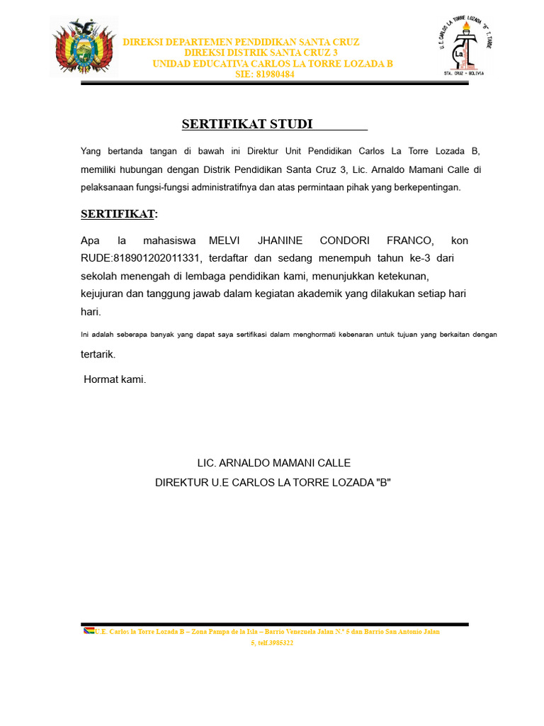 Sertifikat Studi Melvi Jhanine Condori | PDF