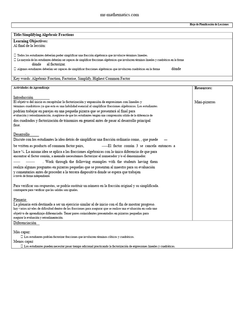 Plan de Lección para Simplificar Fracciones Algebraicas | PDF ...
