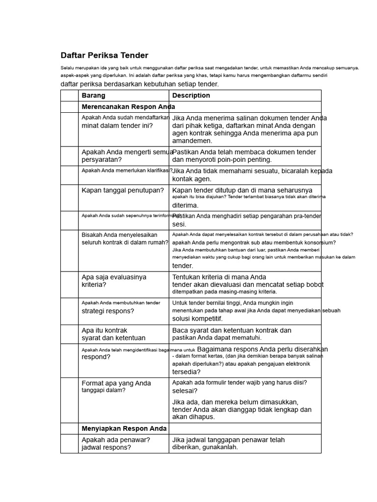 Daftar Periksa Tender Efektif | PDF