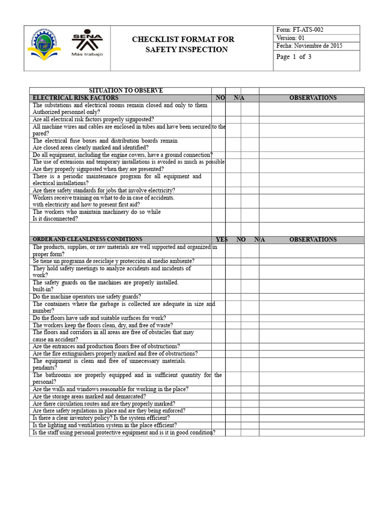 Safety Inspections Checklist | PDF | Safety | Personal Protective Equipment