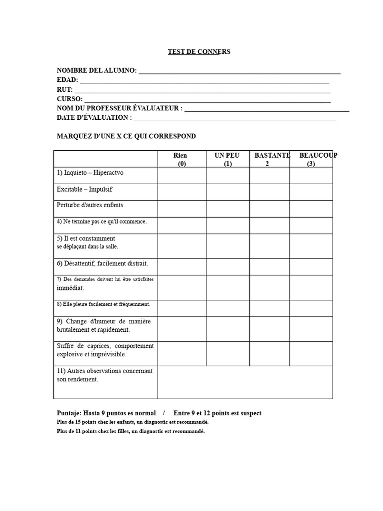 Test de Conners : Évaluation des Comportements | PDF
