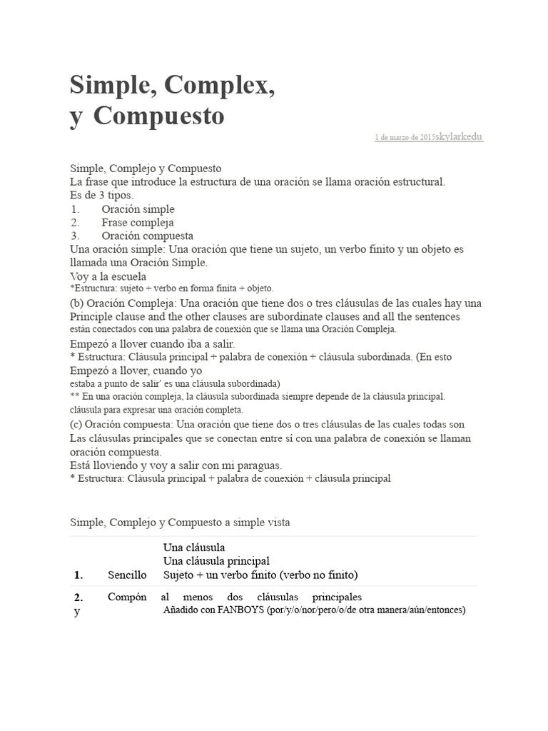 Estructuras de Oraciones: Simple, Compleja y Compuesta | PDF | Oración ...