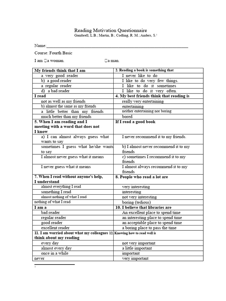 Reading Motivation Questionnaire Tool | PDF
