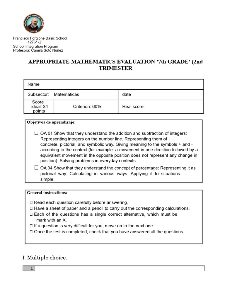 Mathematics Assessment 7th Grade Second Quarter Appropriate Original ...