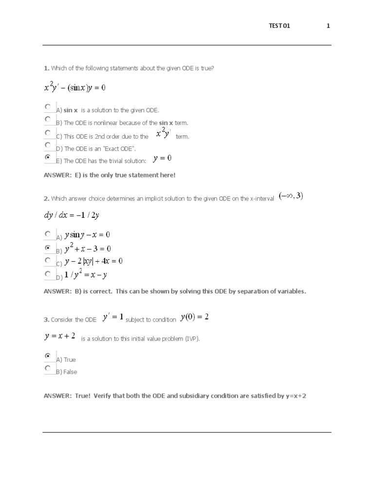 MAP 2302, Differential Equations ODE Test 1 Solutions Summer 09 | PDF ...