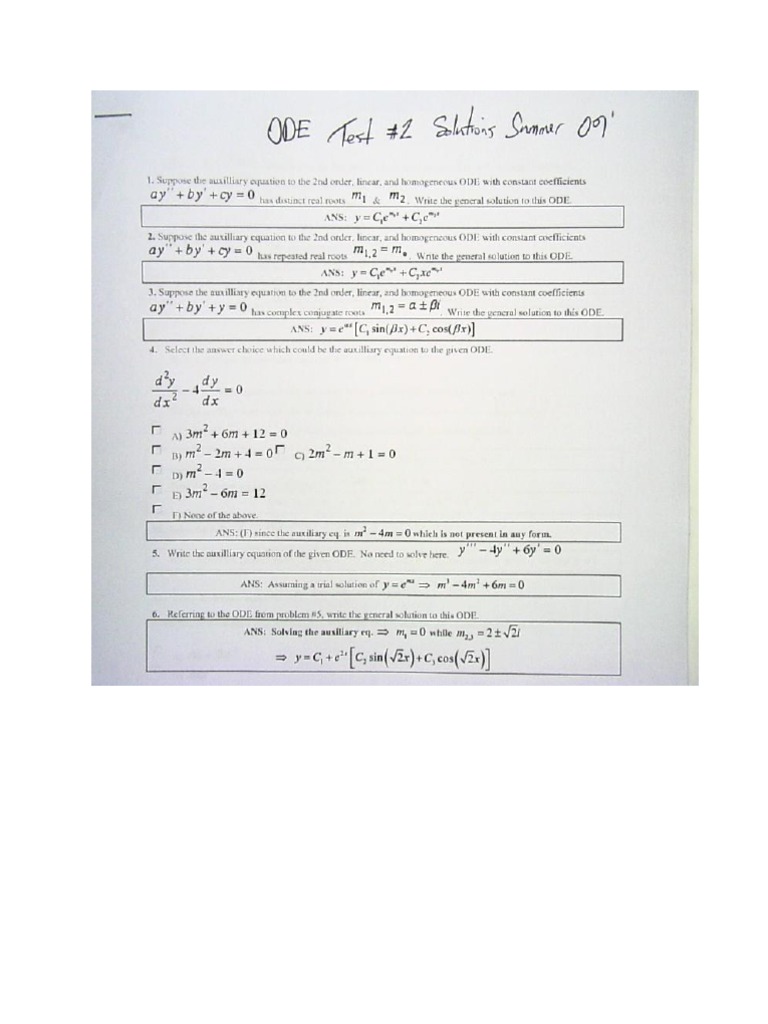 MAP 2302, Differential Equations ODE Test 2 Solutions Summer 09 | PDF ...