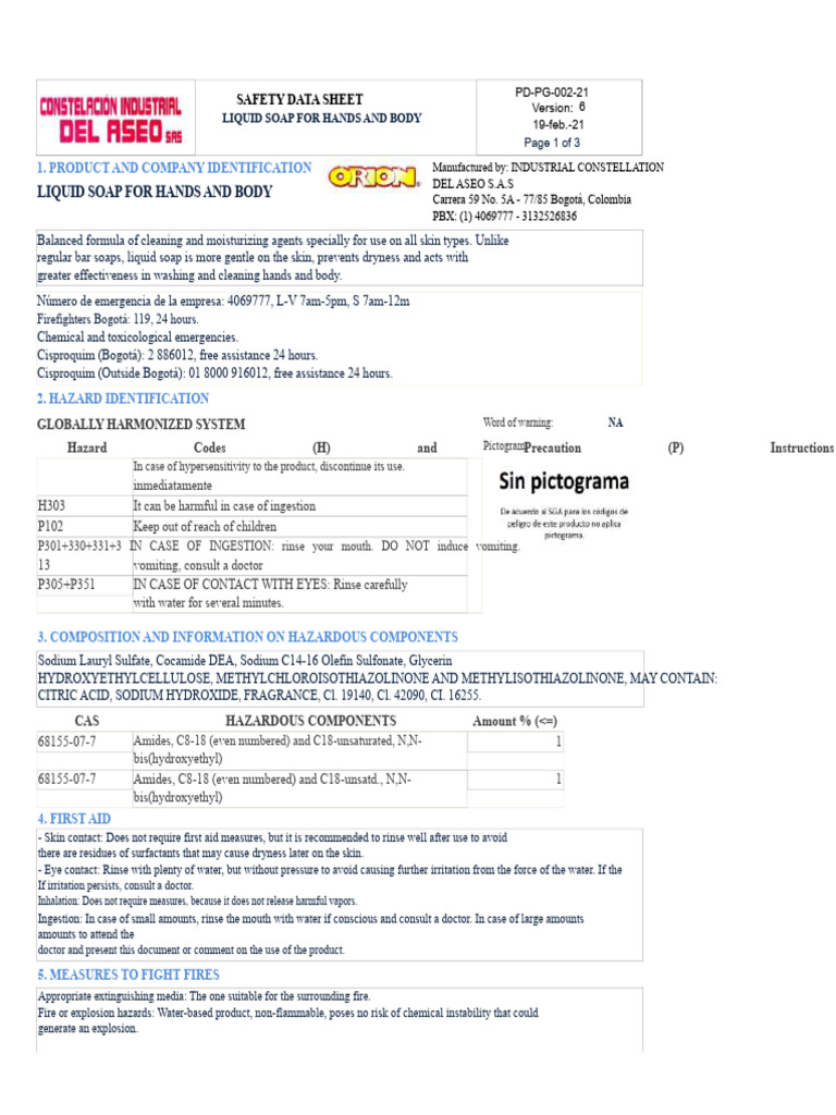 PD-PG-002-21 FDS Liquid Soap For Hands and Body Orion V6 | PDF | Soap ...