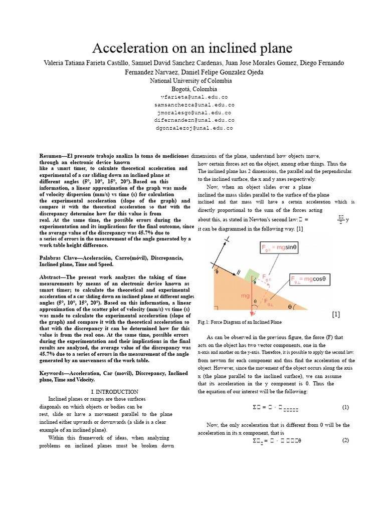Acceleration On An Inclined Plane | PDF | Force | Acceleration