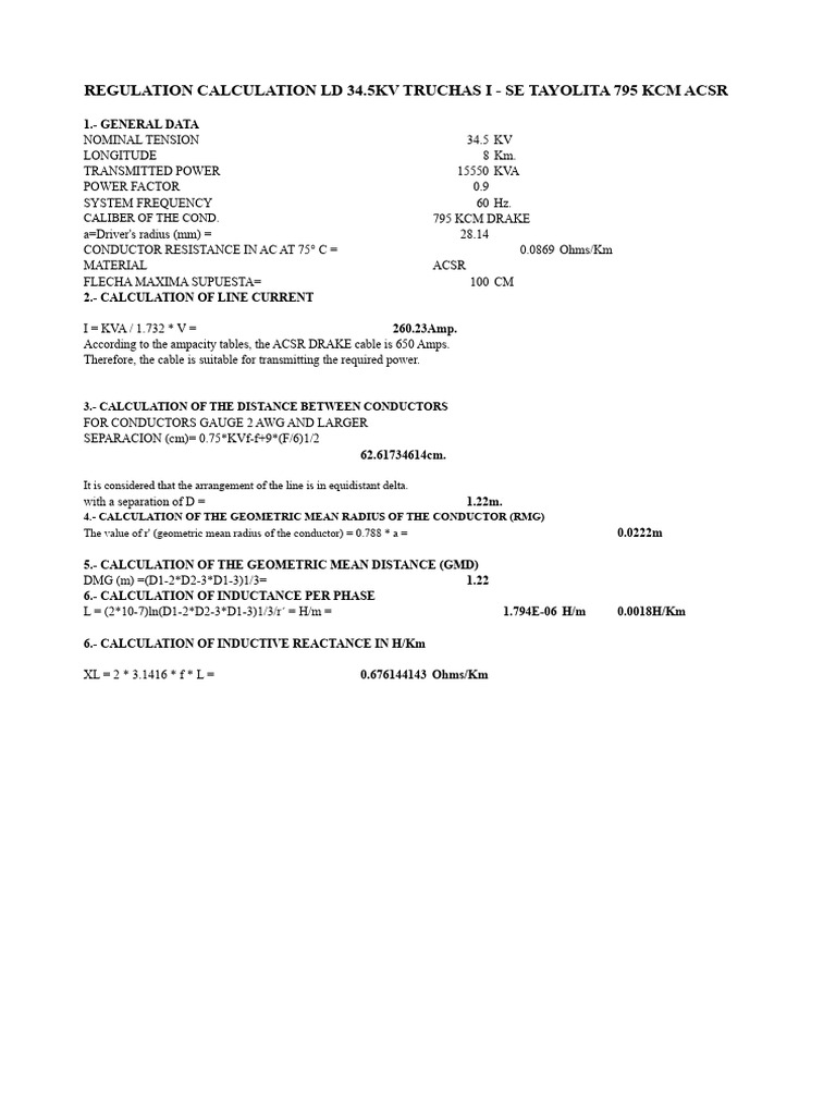 Calculation of Regulation and Losses 795 ACSR | PDF | Volt | Inductance