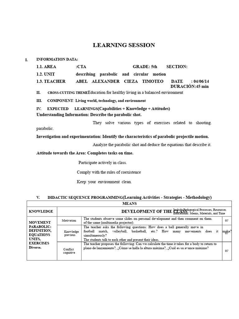 Learning Session No. 13 Parabolic Shot | PDF | Methodology | Teachers