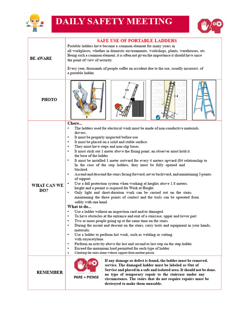 Safety Talk On Safe Use of Portable Ladders | PDF | Stairs | Ladder
