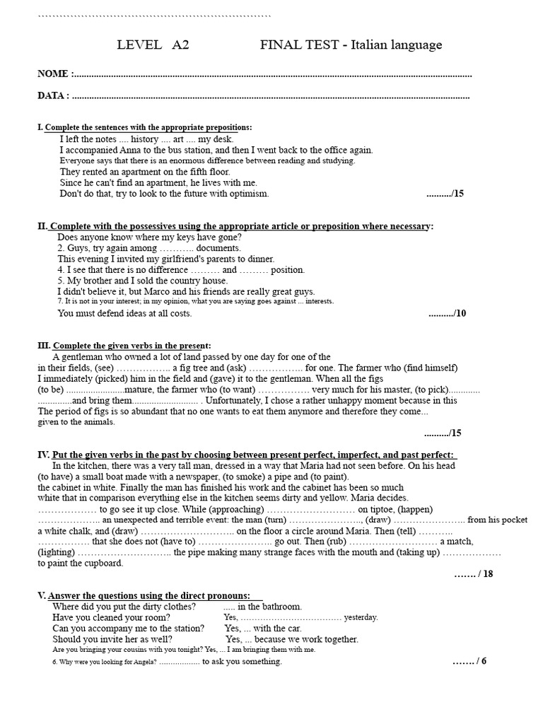 A2 Italian Language Final Test | PDF | Language Mechanics | Grammar