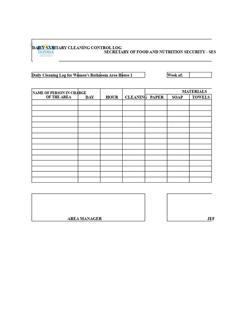 Daily Sanitary Cleaning Log Template | PDF | Bathroom | Home