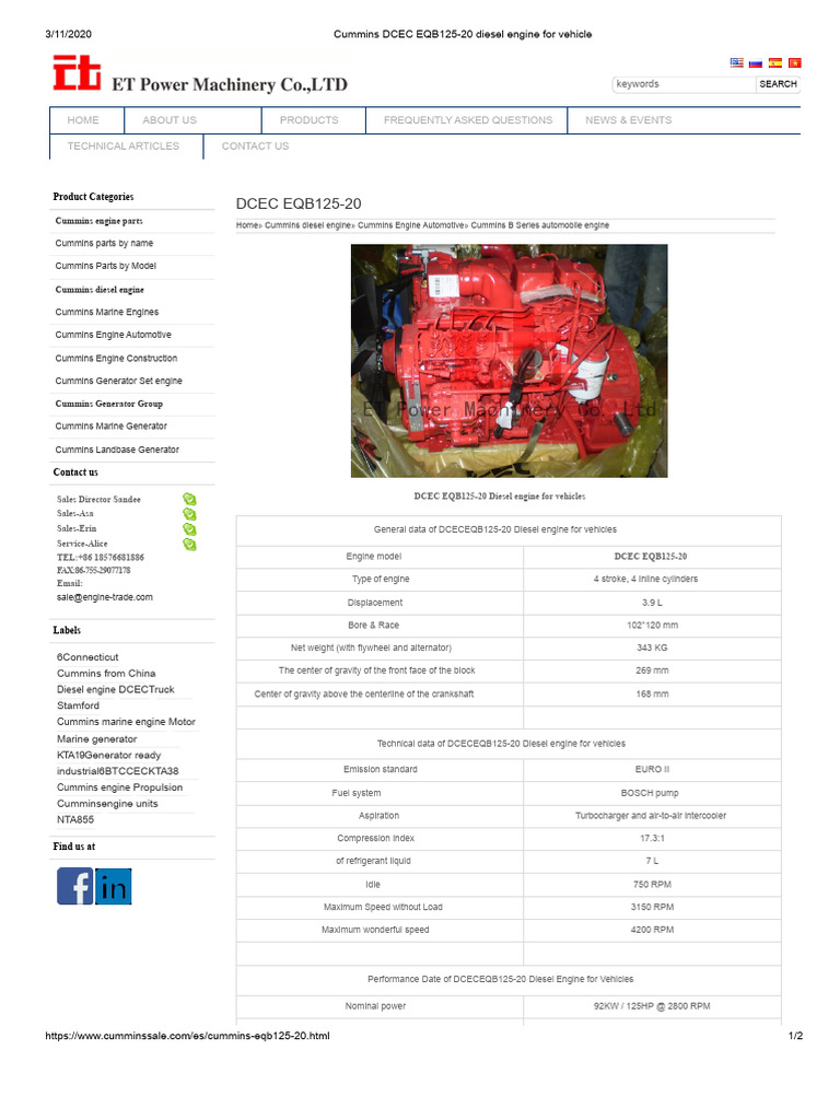 Cummins EQB125-20 Diesel Engine Specs | PDF | Engines | Diesel Engine