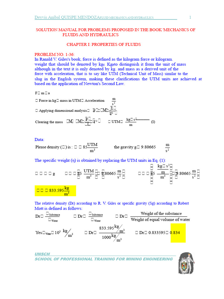 Solution Manual For Proposed Problems From The Book "Fluid Mechanics and Hydraulics" by Ranald V ...