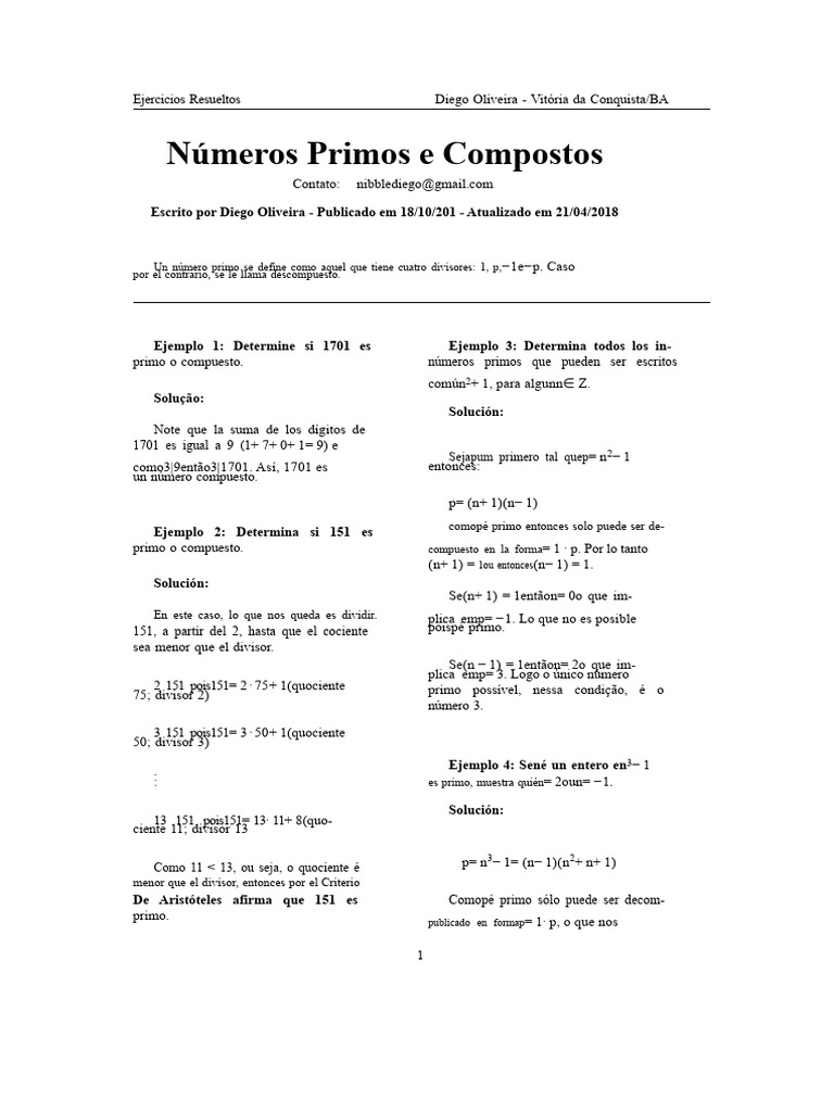 Ejercicios Resueltos: Números Primos y Compuestos | PDF | Número primo ...