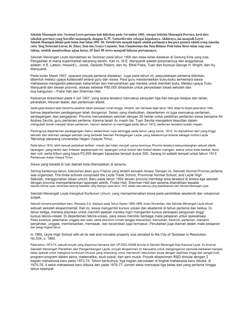 Sekolah Menengah Nasional Leyte pertama kali didirikan pada November 1903 | PDF
