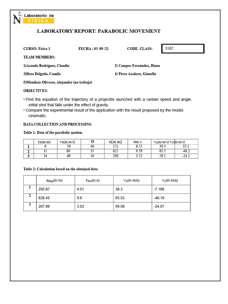 Parabolic Motion Laboratory Report | PDF | Physical Quantities ...