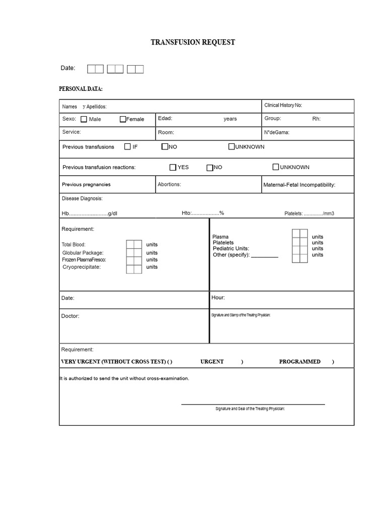 Blood Transfusion Request Form Template | PDF