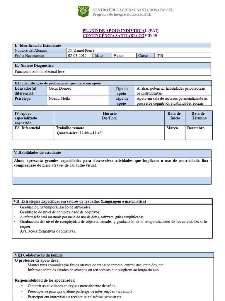 FORMATO PAI 2020 JN Daniel | PDF | Comunicação | Psicologia