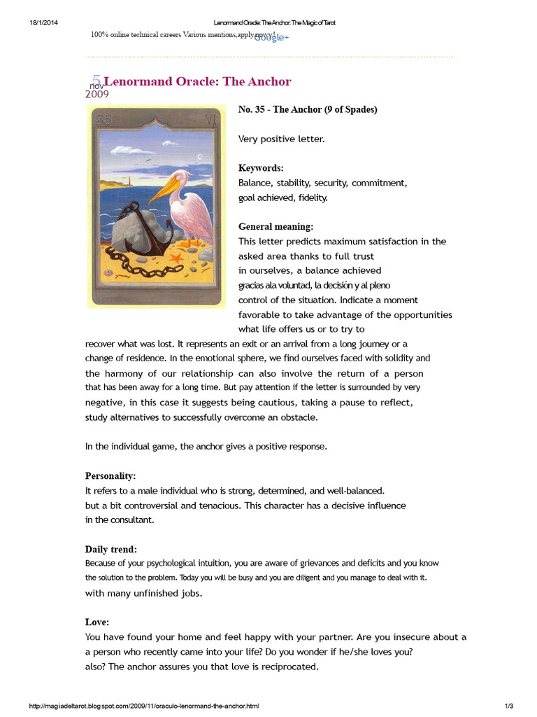 Lenormand Oracle: The Anchor Meaning | PDF