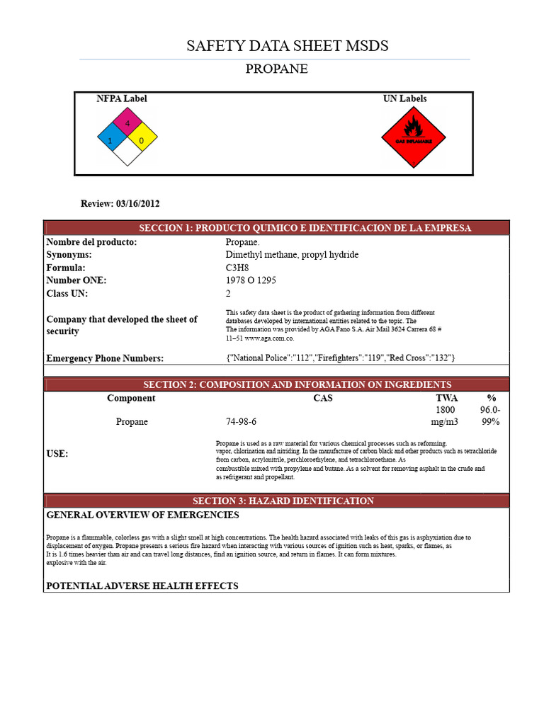 Propane Safety Data Sheet (MSDS) | PDF | Propane | Gases