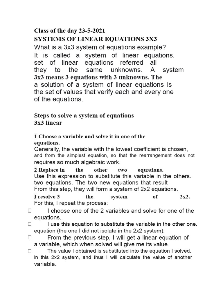 Systems of Linear Equations 3X3 | PDF | Equations | System Of Linear ...