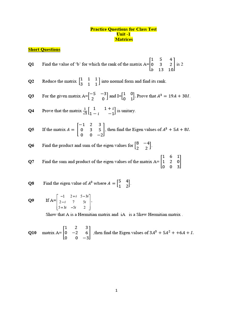 Matrices Practice Questions and Solutions | PDF | Eigenvalues And ...