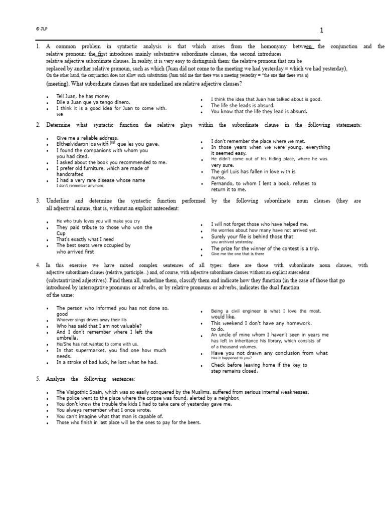 Review Exercises On Noun and Relative Subordinate Clauses 2 | PDF ...