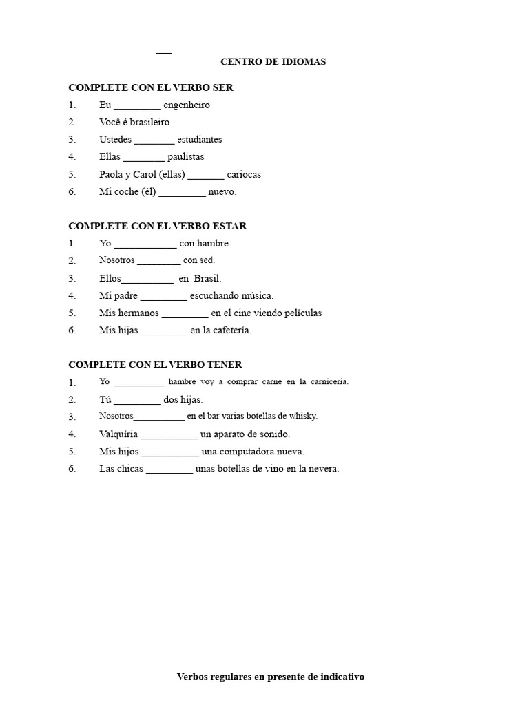Ejercicios de Verbos Regulares y Ser, Estar, Tener | PDF