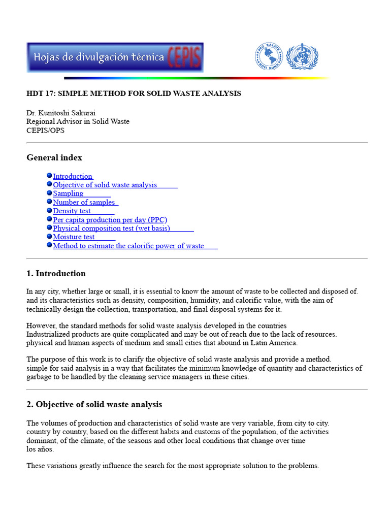 CEPIS - OPS-HDT 17 - Simple Method For Solid Waste Analysis PDF | PDF ...