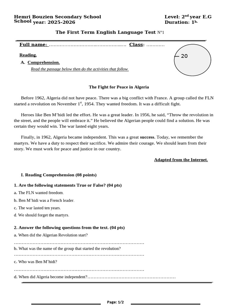 The First Term English Language Test N°1 | PDF