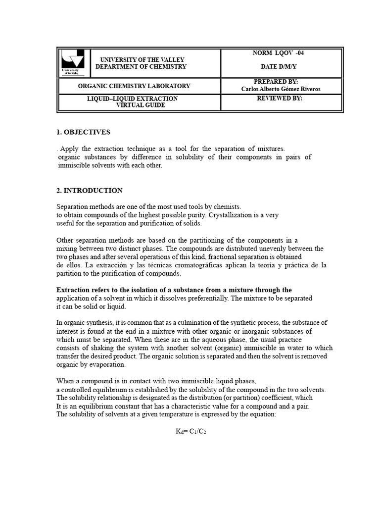 Practice 3 (Virtual) - Liquid-Liquid Extraction. | PDF | Solubility | Solvent