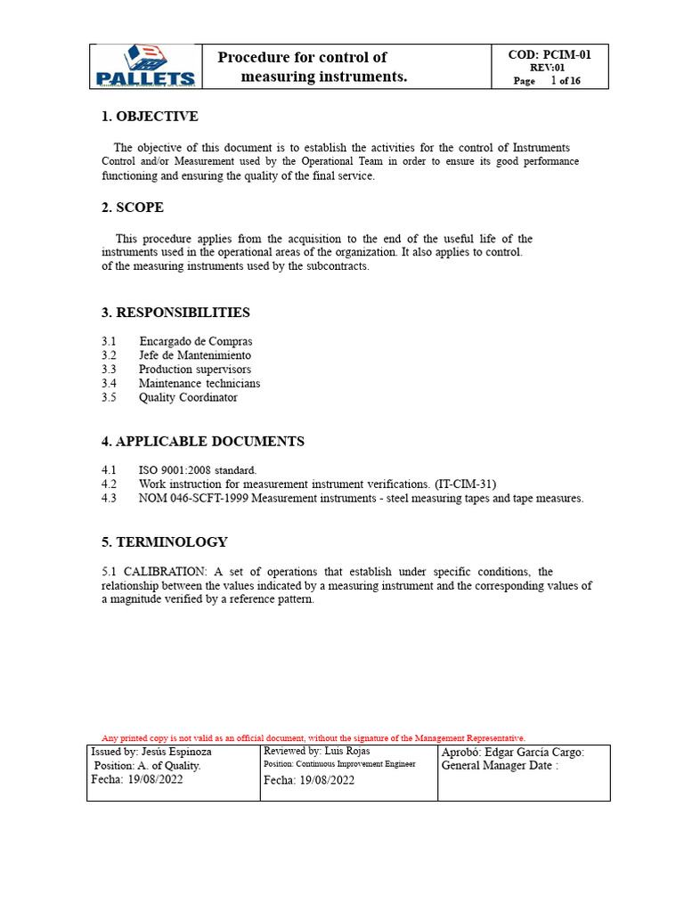 Measuring Instruments Control Procedure | PDF | Calibration ...
