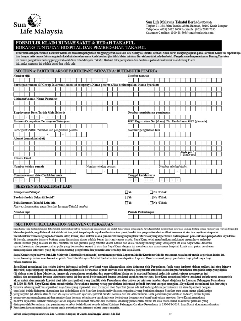 Formulir Klaim Bedah Rumah Sakit Sunlife Takaful Pdf
