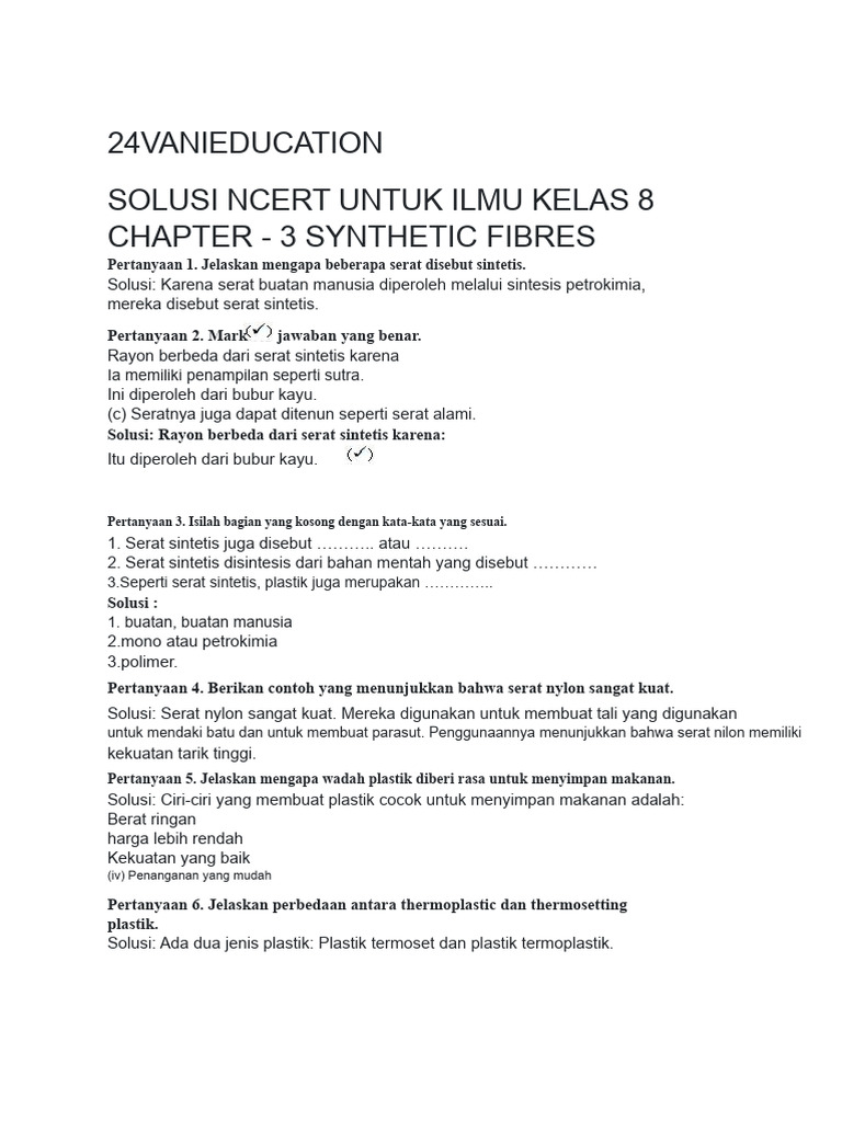 SOLUSI NCERT UNTUK KELAS 8 ILMU PENGETAHUAN BAB - 3 SERAT SINTETIS | PDF