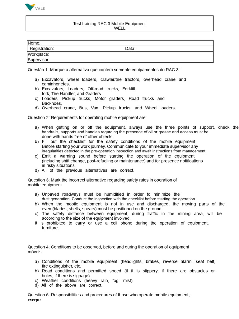 RAC 3 Mobile Equipment Training Quiz | PDF | Loader (Equipment) | Land ...