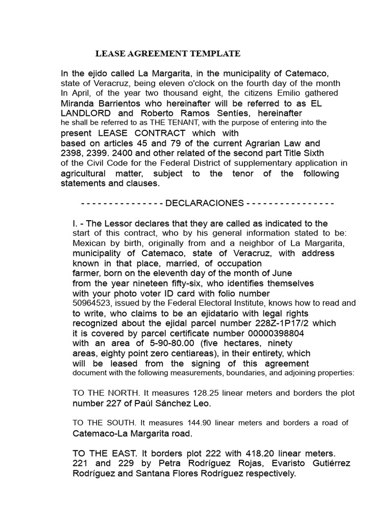 Ejido Lease Agreement Template | PDF | Lease | Leasehold Estate